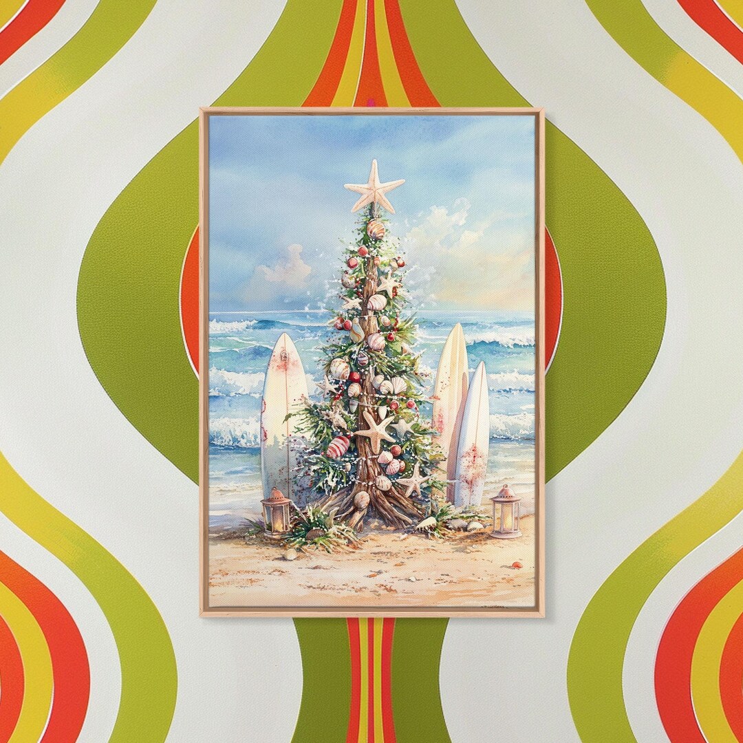 Coastal Christmas Tree With Surfboards at the Beach Framed Canvas Print ...