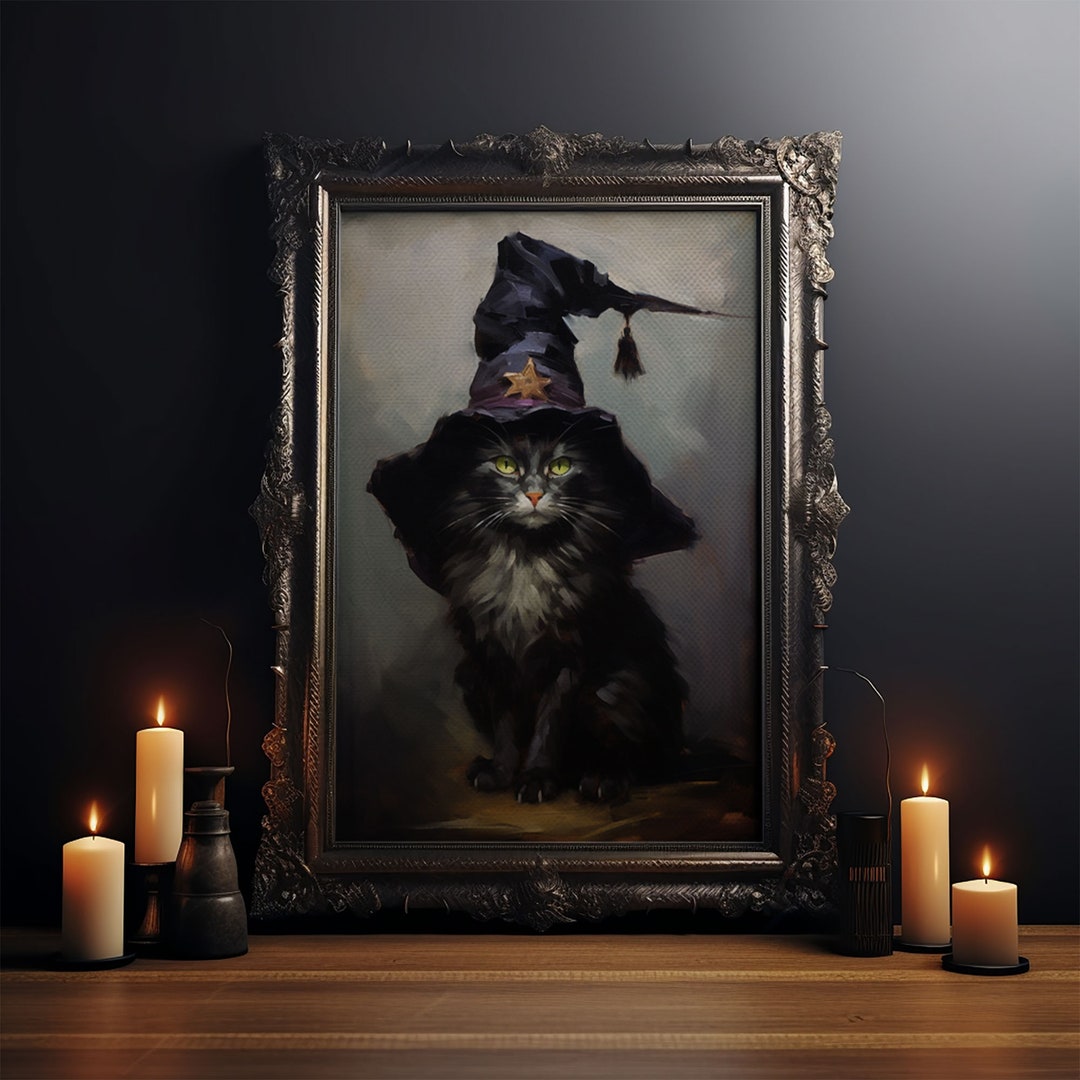 The Wizard Cat Framed Canvas Print Dark Academia Halloween - Etsy