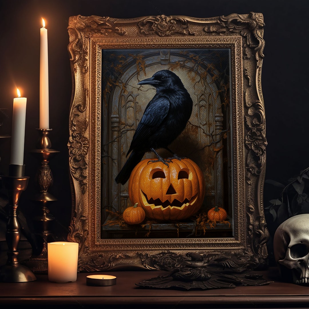 Macabre Crow Atop A Jack O Lantern, Framed Canvas Print, Halloween Decor, Raven Painting ...