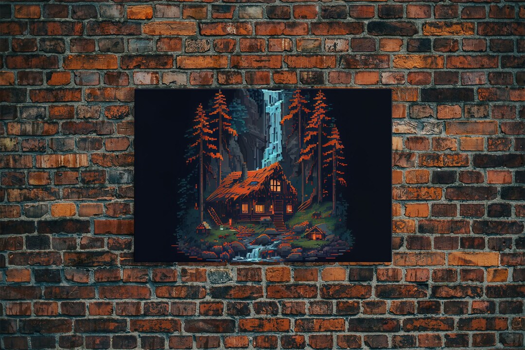 Secluded Log Cabin in the Woods With a Waterfall Behind It, 8 Bit Pixel ...