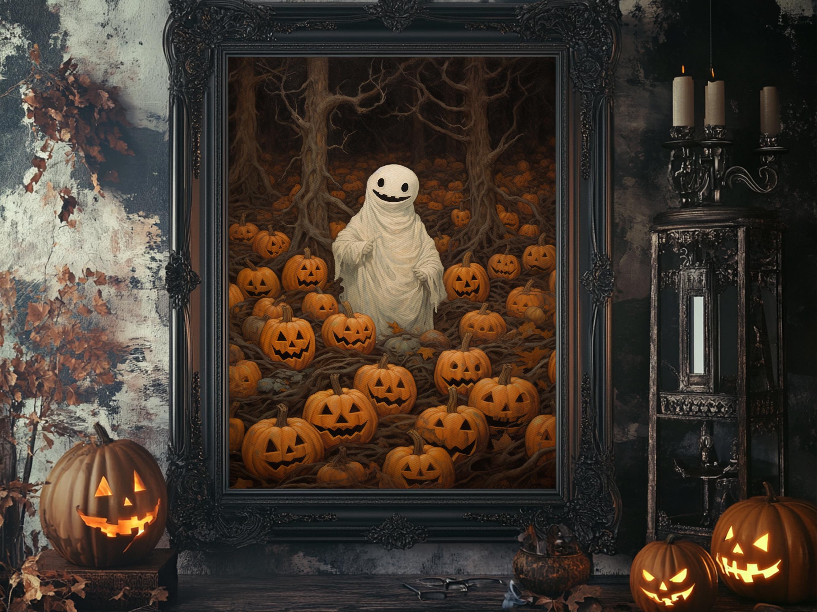 Fall Omens - Spooky Ghost in A Pumpkin Patch, Halloween Decor, Fall Art ...