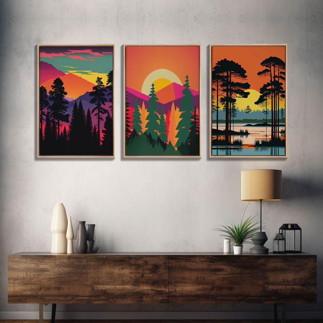 Pacific Northwest MCM Style Landscape Art, Framed Canvas Prints, 3 ...