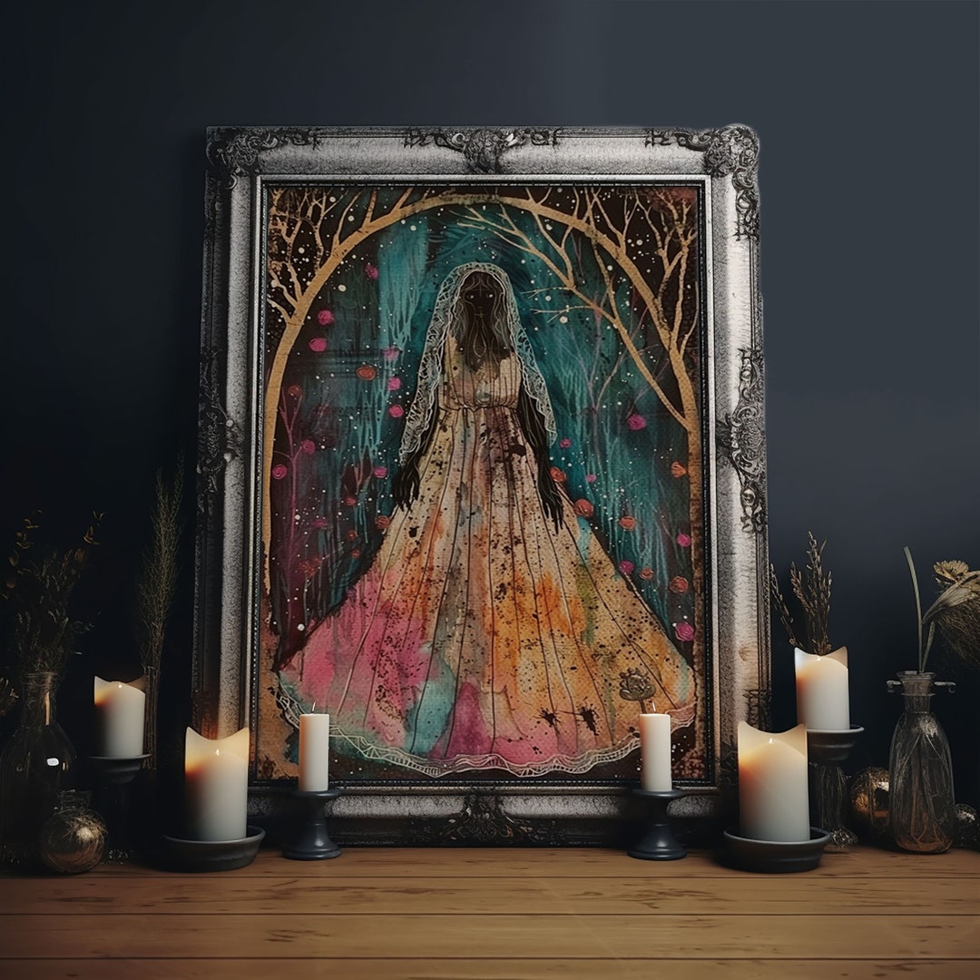 Halloween Veiled Ghost in Cemetery, Framed Canvas Print, Wall Art ...