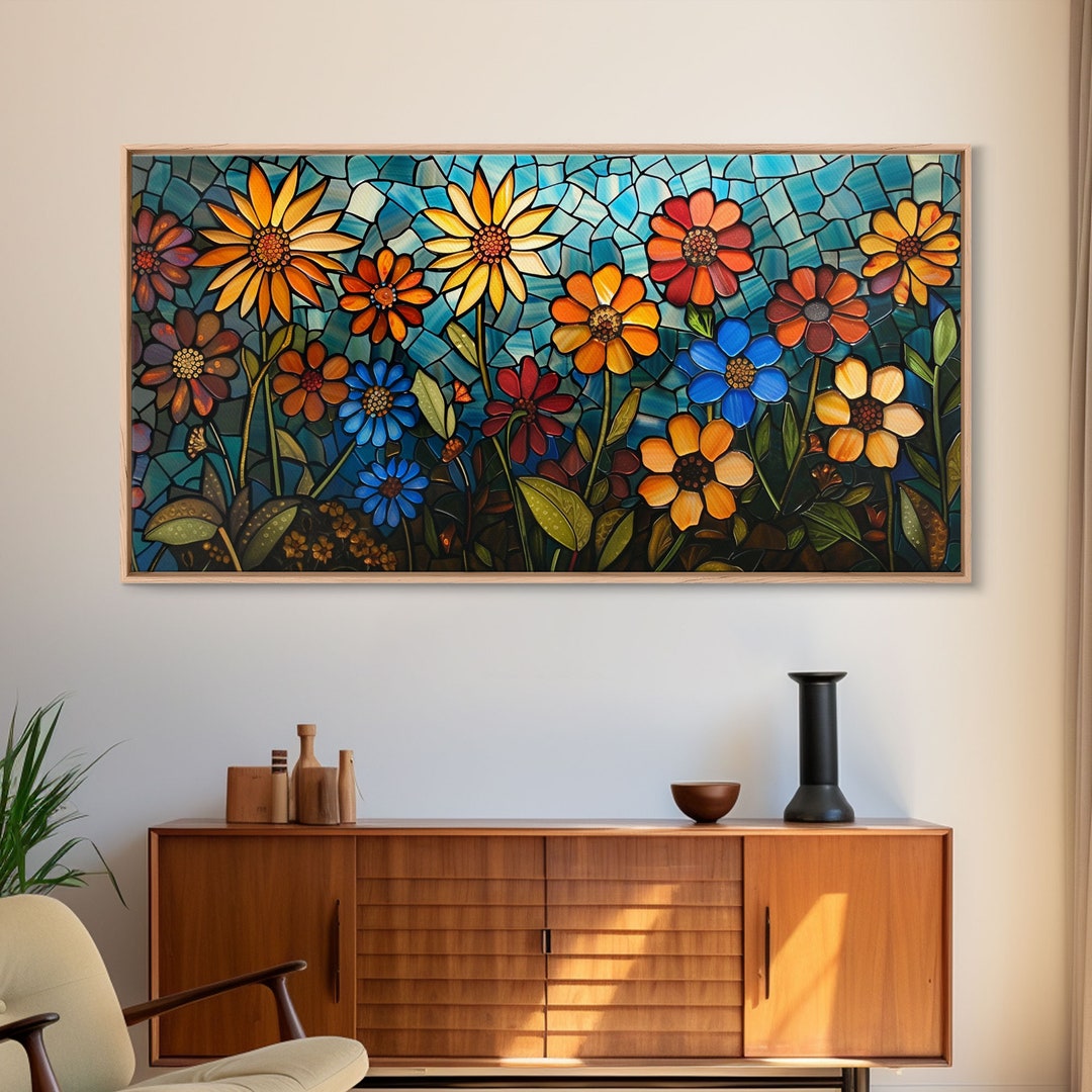 Kitsch Spring Time Flower Wall Art, Framed Canvas Print, Stained Glass ...