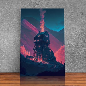Fire-watch, Watch Tower Art, Vaporwave Aesthetic Wall Art, Framed ...