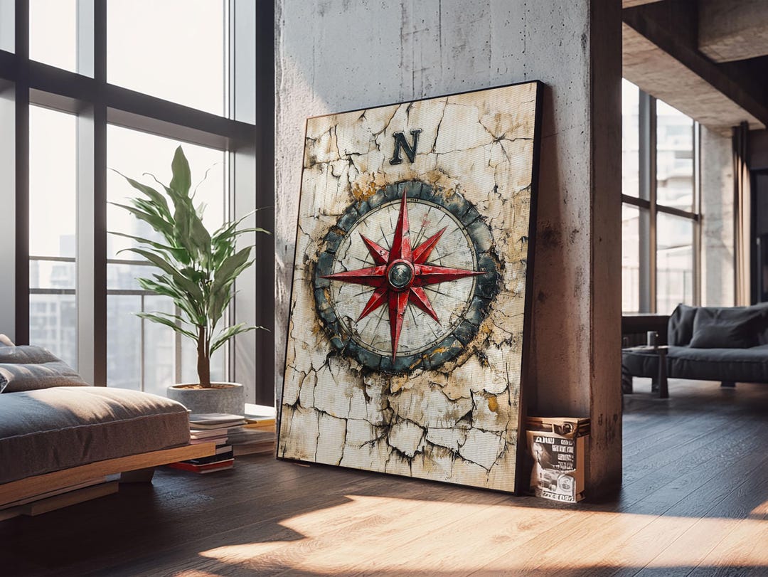 Vintage Distressed Compass Wall Art Canvas Print, Rustic Home Decor ...