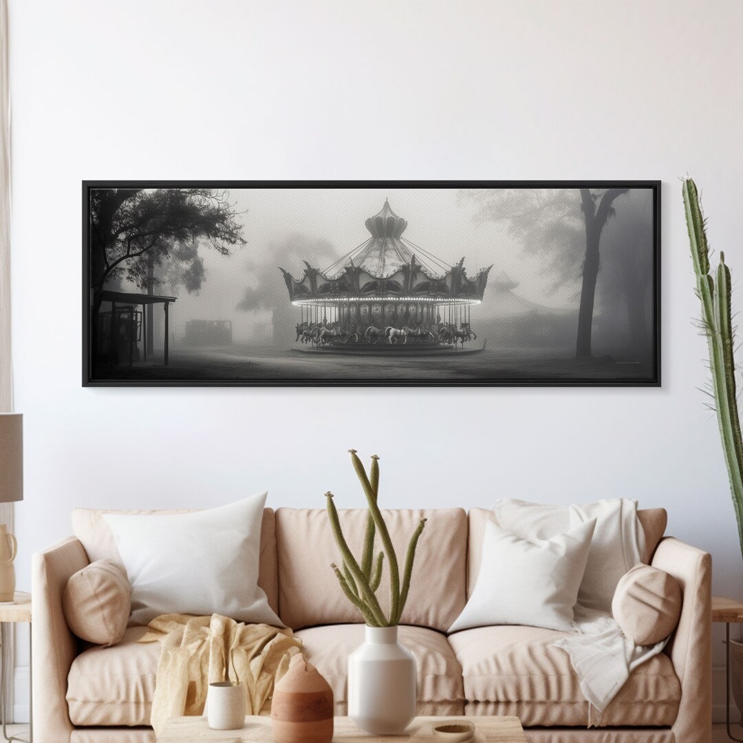 Creepy Carousel / Merry Go Round Wall Art, Framed Canvas Print, Black ...
