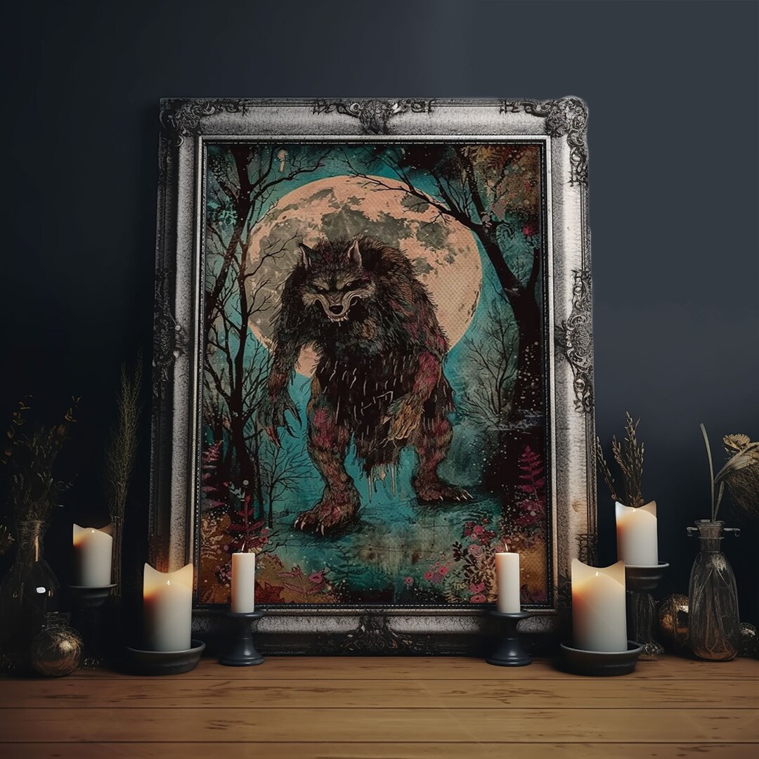 Halloween Horror Full Moon Werewolf Framed Canvas Print, Wall Art ...