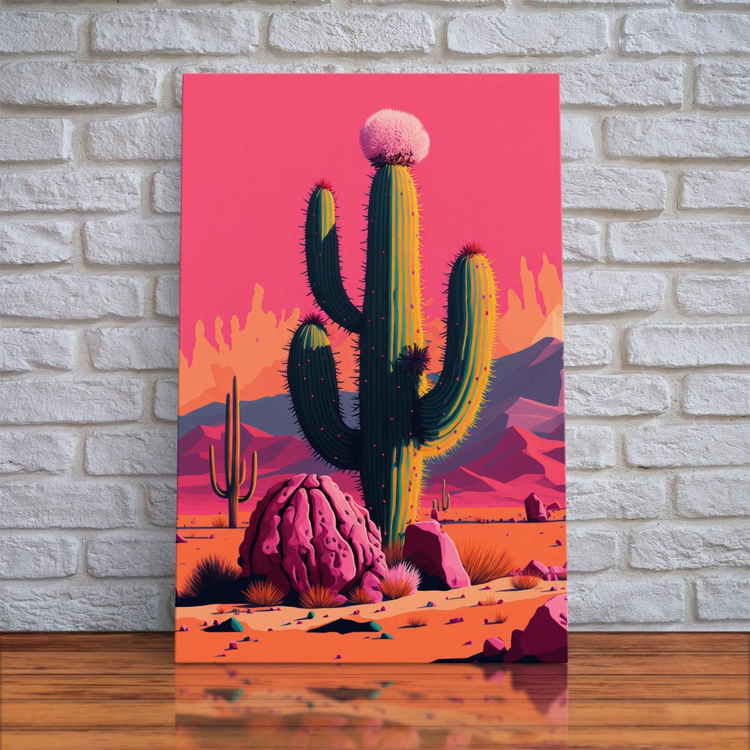 Mexico Cactus Art, Synthwave Pink Art, Framed Canvas Print, Southwest ...