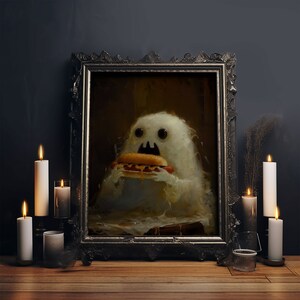 Cute Ghost Chompin on A Hot Dog, Ghostly Hot Dog Thief, Framed Canvas ...