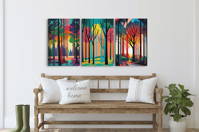 Retro Pine Tree Forest in the Fall 3 Piece Canvas 3 Panel - Etsy