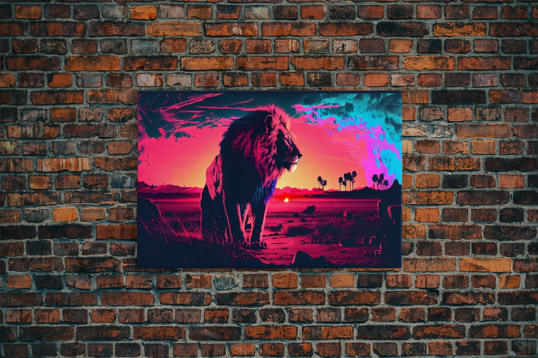 Synthwave Style Watercolor Painting of an African Lion Framed - Etsy