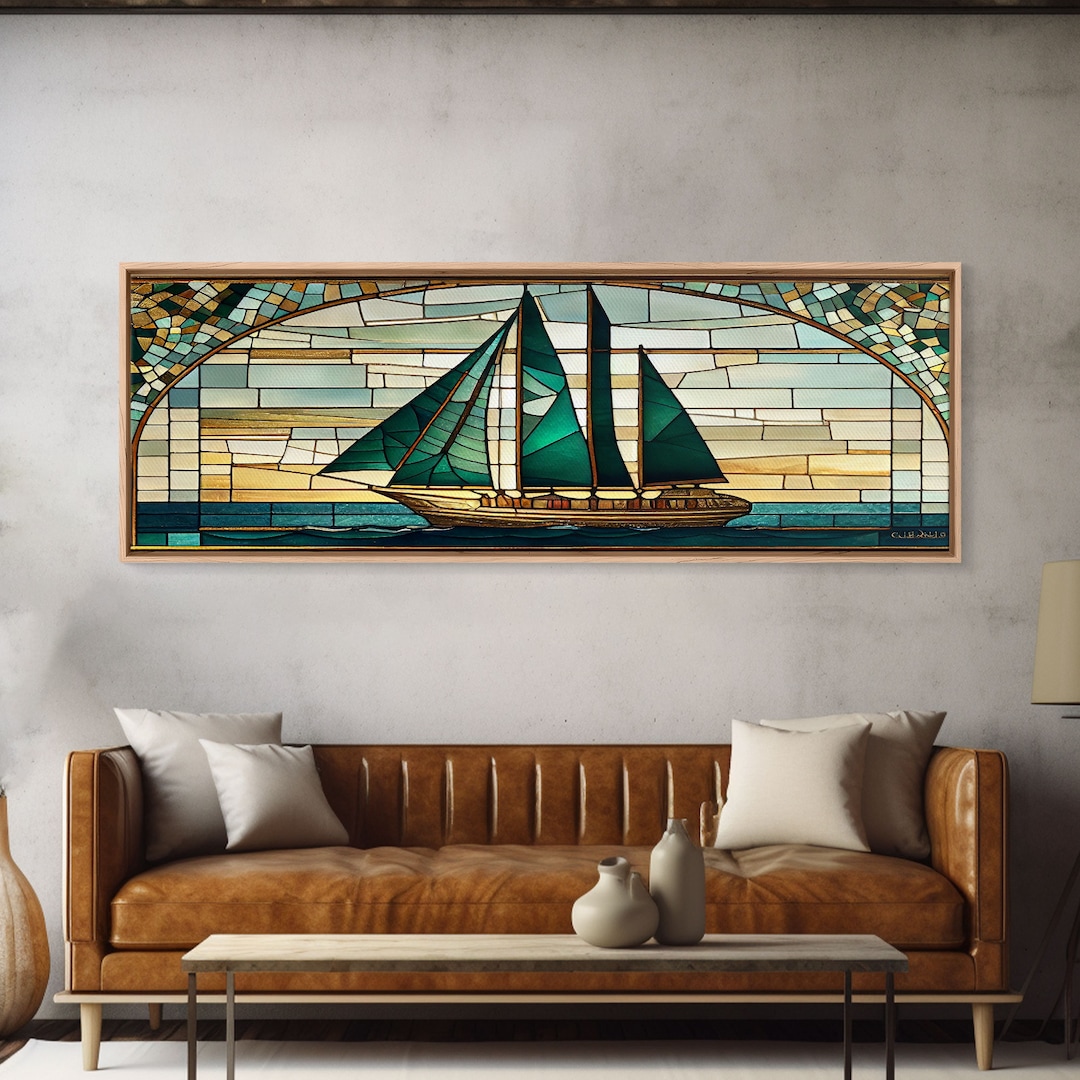 Panoramic Art Deco Sail Boat, Stained Glass, Early 20s Style Art ...