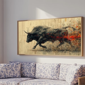 The Charging Bull Framed Canvas Print, Western Decor, Running of the ...