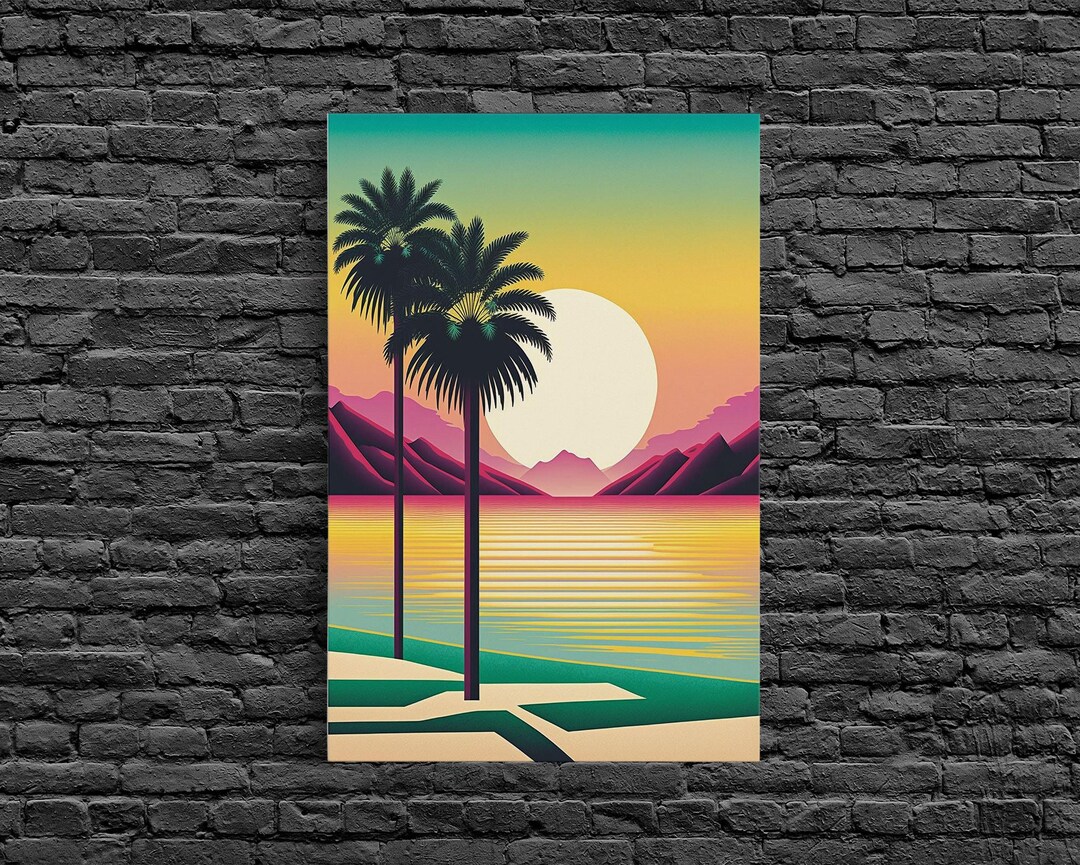 Framed Canvas Print - Art Deco Sunset Scene - Mountains, Palmtrees ...