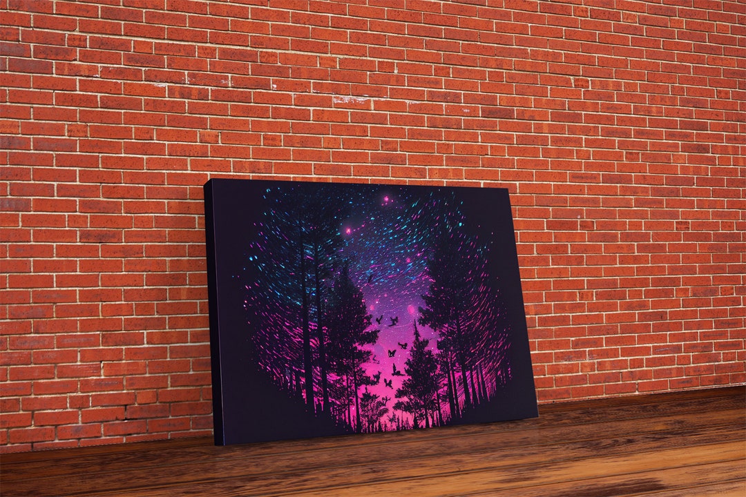 Synthwave Starry Night Time Lapse in a Pine Tree Forest, Framed Canvas ...