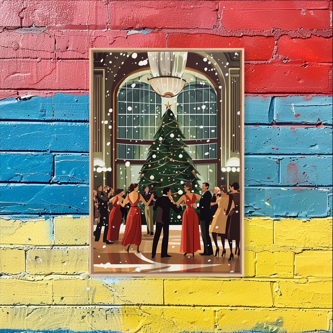 Vintage Christmas Dance in Grand Hall With Snow Falling and Large ...