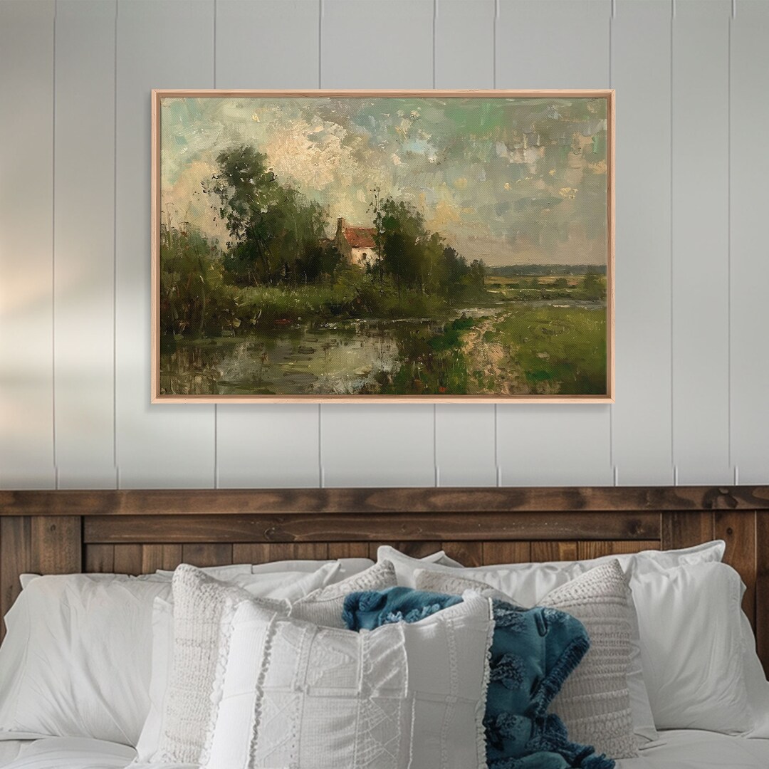 Slightly Scorched Vintage Landscape Painting Canvas Print Farmhouse ...