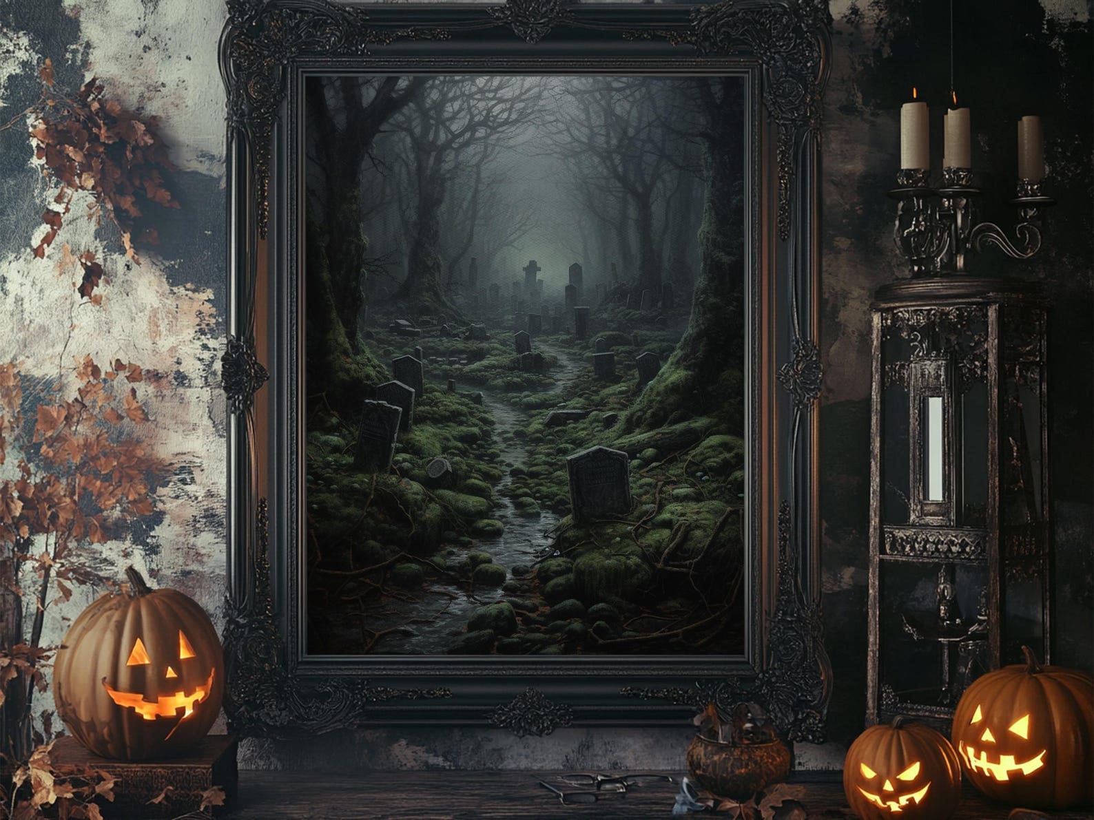 Haunted Cemetery, Macabre Halloween Art, Dark Arts, Framed Canvas Print ...