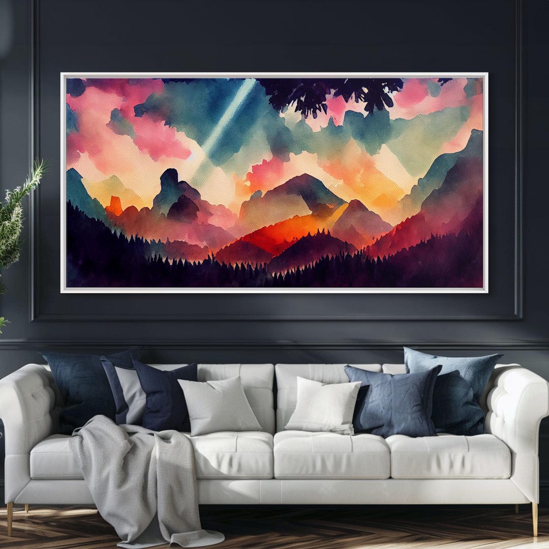 Mountain Artwork Canvas Print, Horizontal Wall Art, Large Watercolor ...