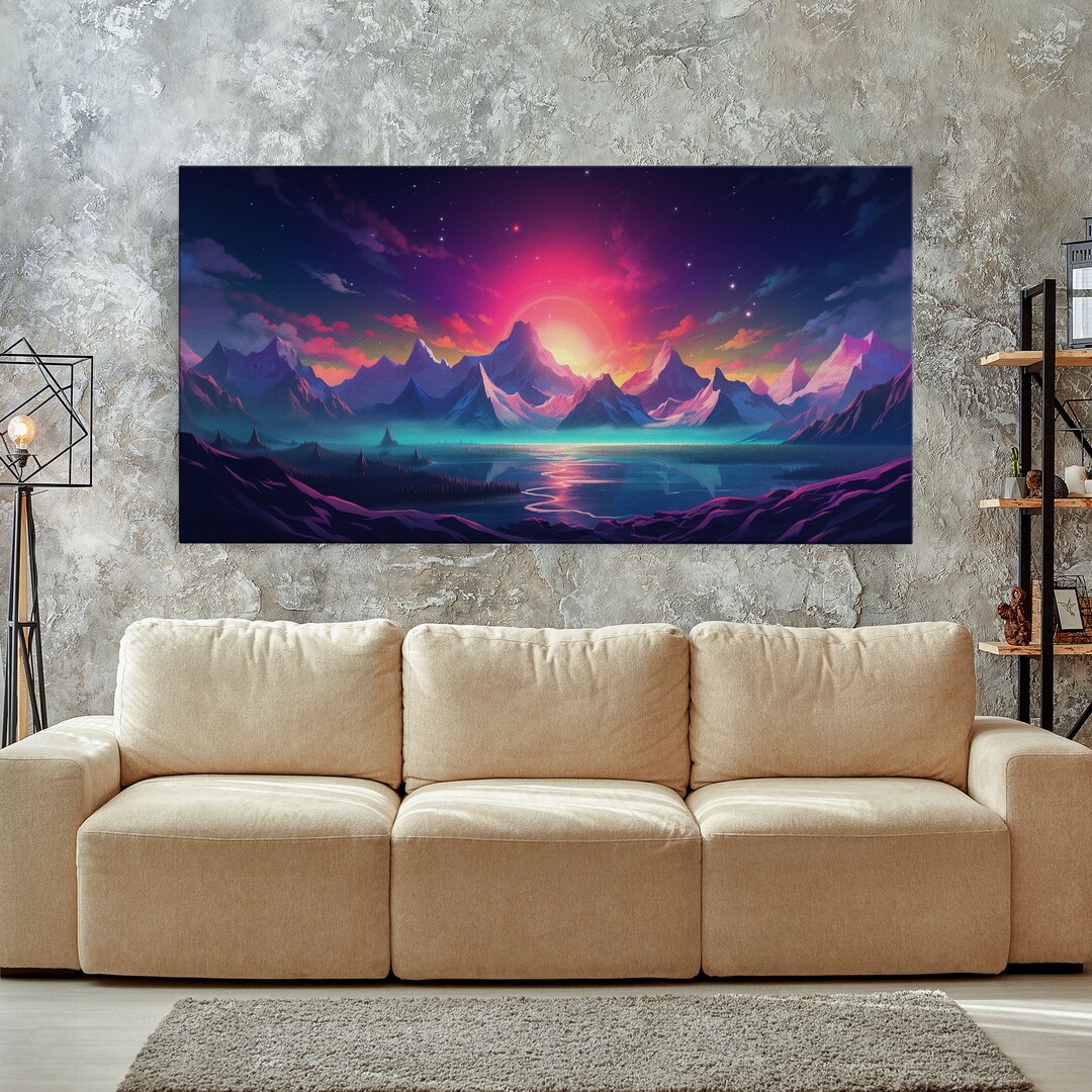 Synthwave Art, Framed Canvas Print, Beautiful Scifi Mountains Wall Art ...