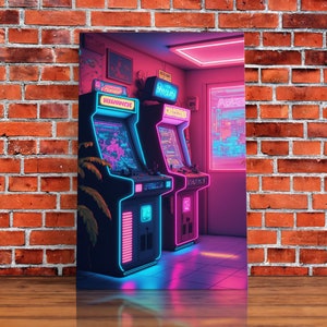 Retrowave Arcade Room, Neon Gamer Art, Framed Canvas Print, Framed Wall ...