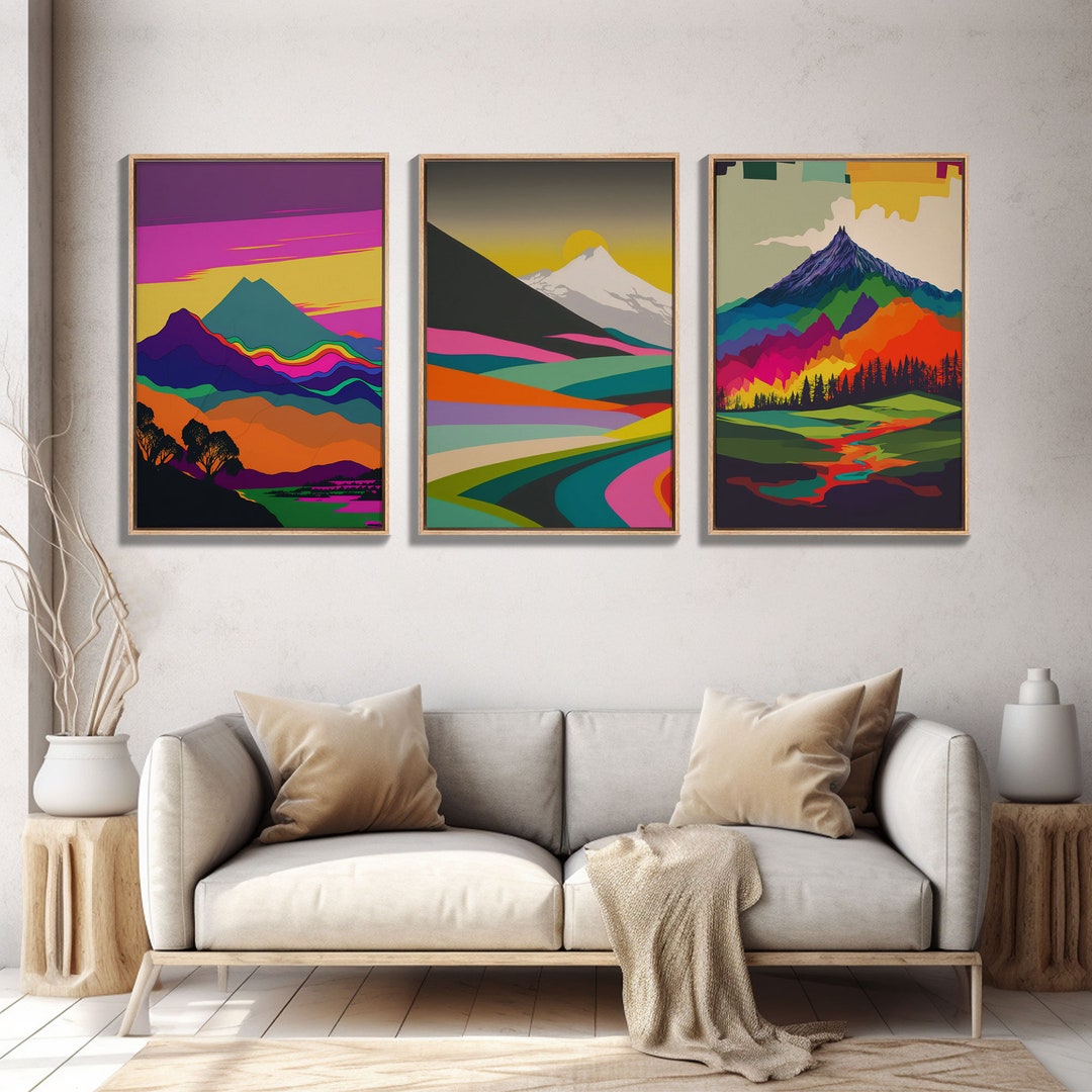 Psychedelic Surrealist Mountain Landscape, Trippy Art, Framed Canvas ...