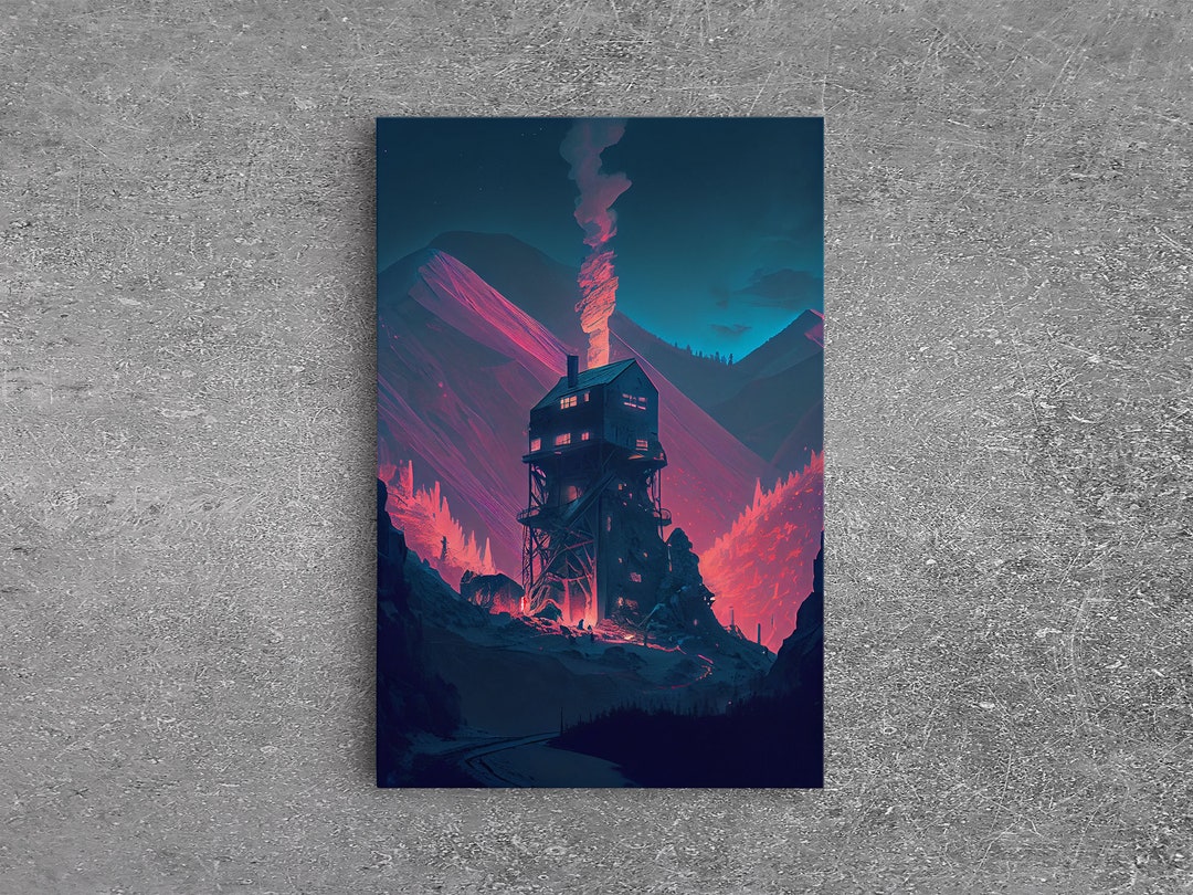 Fire-watch, Watch Tower Art, Vaporwave Aesthetic Wall Art, Framed ...