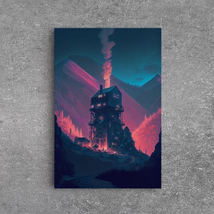 Fire-watch, Watch Tower Art, Vaporwave Aesthetic Wall Art, Framed ...