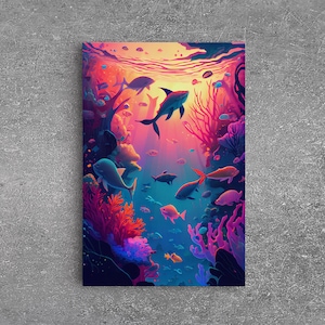 80s Vibe Under the Sea Coral Reef Art, Framed Canvas Print, Fish and ...