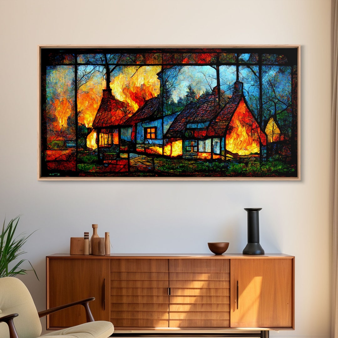 Stained Glass Cottage on Fire, Canvas Print, Negative Art, House on ...