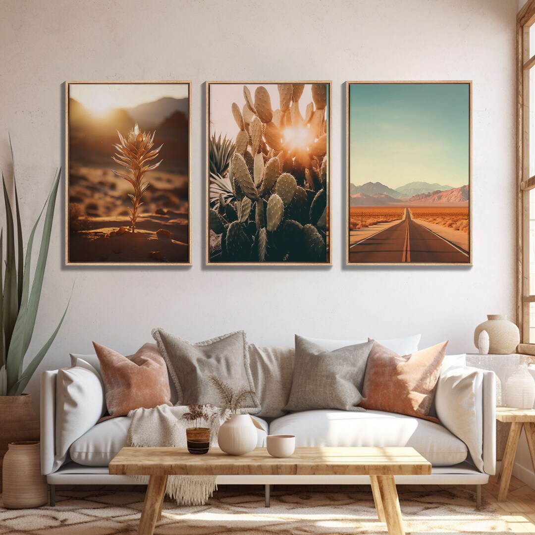 3 Piece Triptych Framed Canvas Wall Art Set of 3 Cactus Desert ...