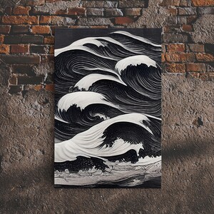 Black and White Tidal Waves, Japanese Style Art, Framed Canvas Print ...