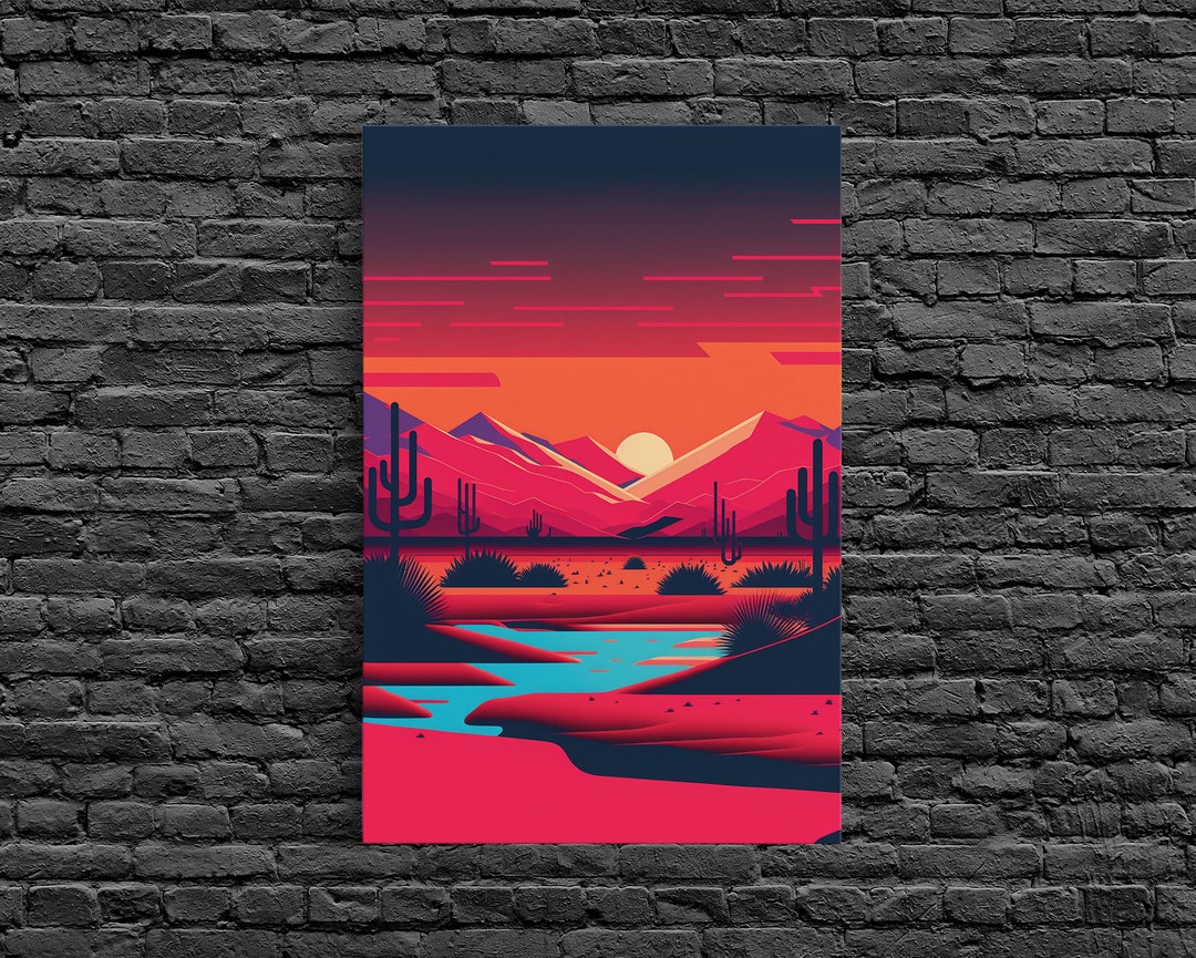Retro Synthwave Desert Landscape Art, Framed Canvas Print, Unique ...