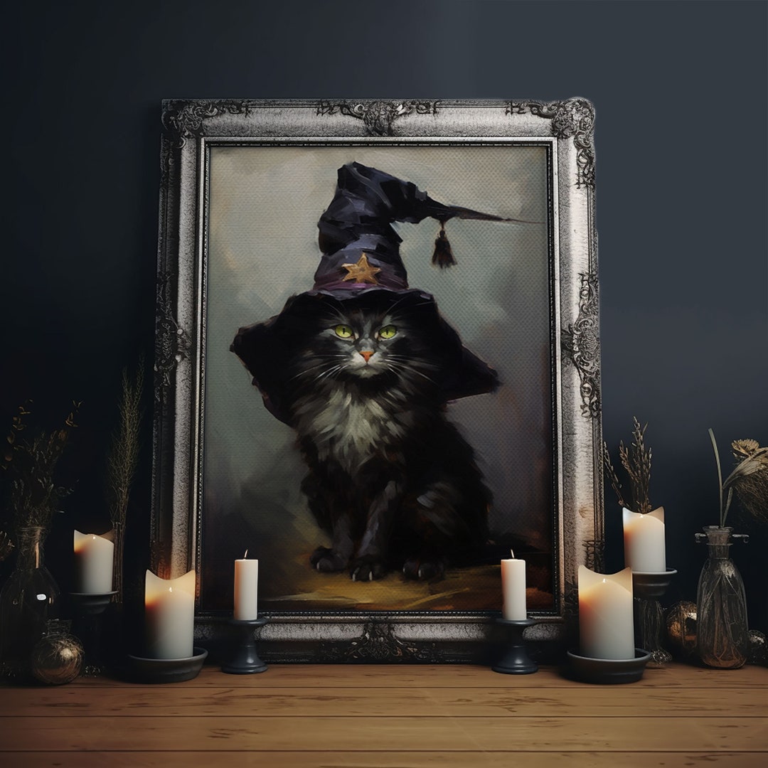 The Wizard Cat, Framed Canvas Print, Dark Academia Halloween Art, Victorian Cat Oil Painting ...