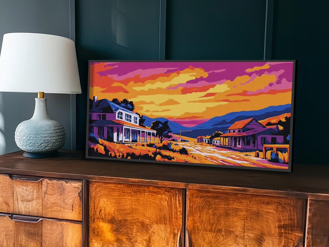Rural Town, Country Village Scene, Canvas Print, Sunset Over Hills ...