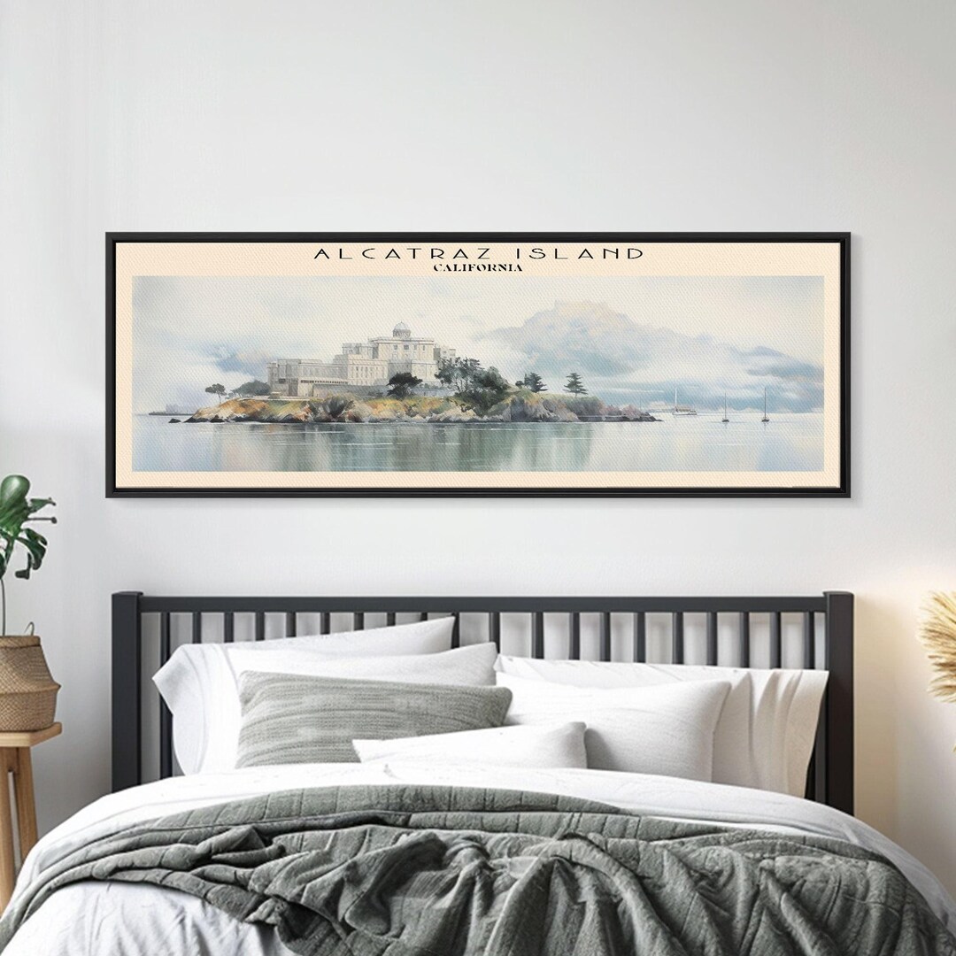 Alcatraz Island Retro Travel Poster - Panoramic Framed Canvas Print ...