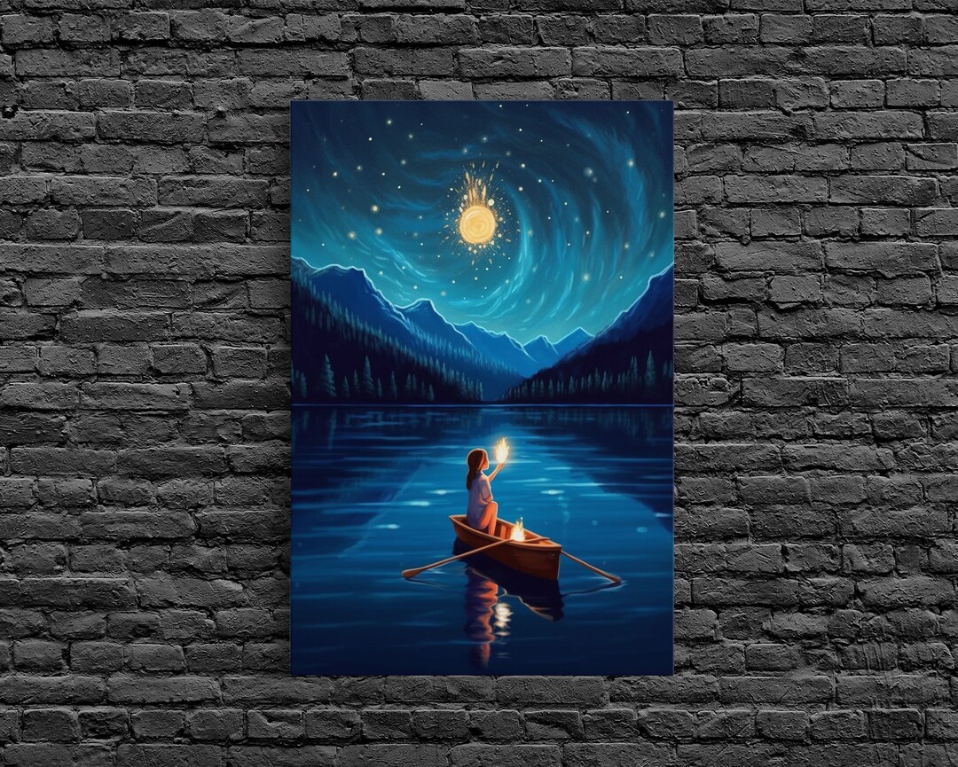 Starry Night, Girl Wizard Lights up the Night Sky, Fantasy Art, Framed ...
