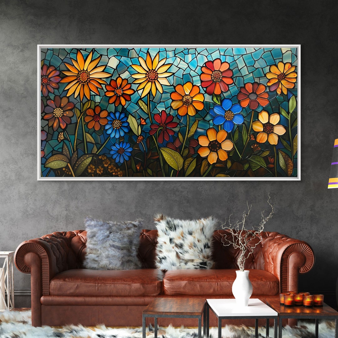 Kitsch Spring Time Flower Wall Art, Framed Canvas Print, Stained Glass ...
