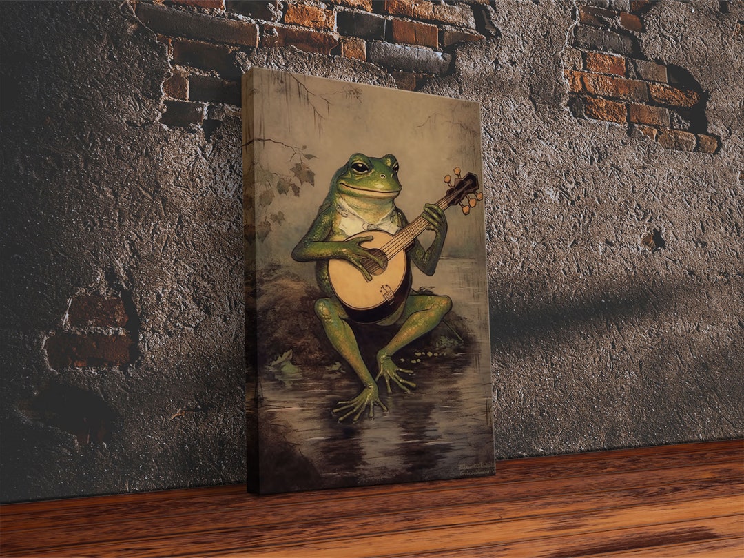 The Banjo Toad, Frog Playing A Banjo in the Moonlight, Vintage Canvas ...