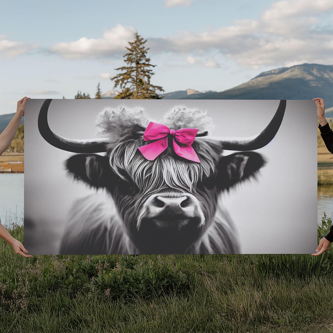 Cute Highland Cow Wearing a Bow, Pink Bow on a Cute Cow, Framed Canvas ...