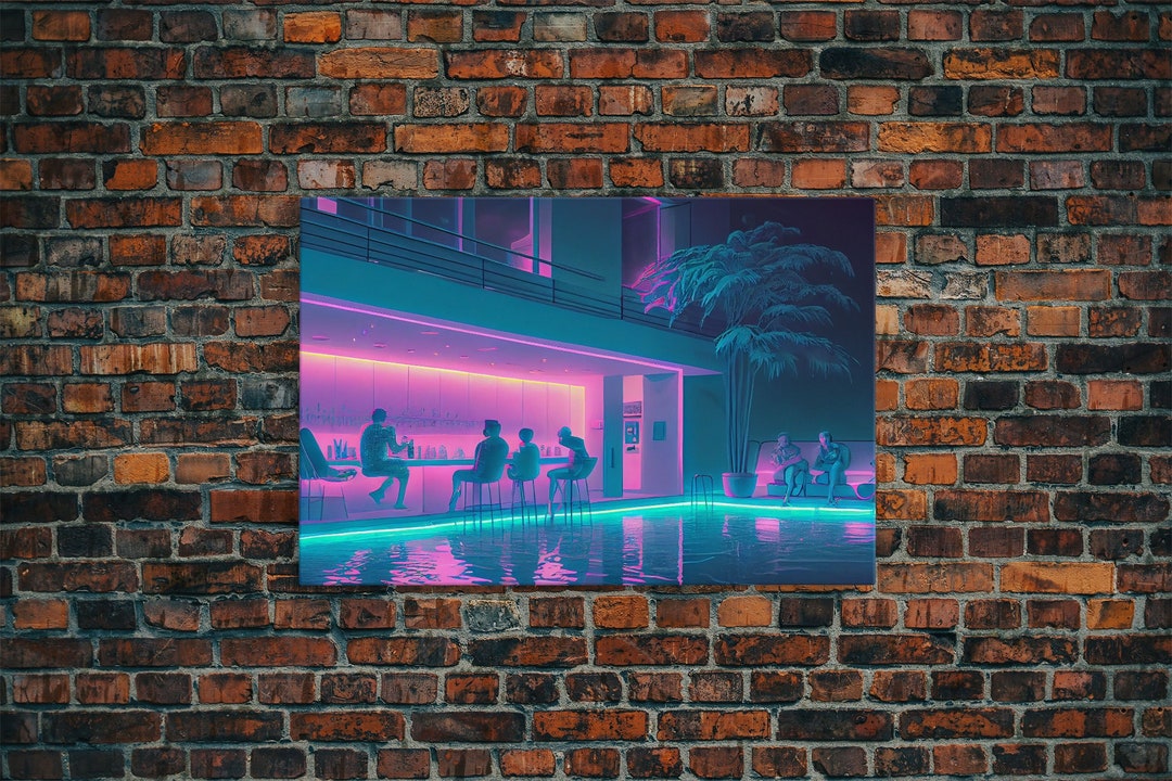 The Lounge Vaporwave Bar Decor, Framed Canvas Print, Pastel Synthwave ...