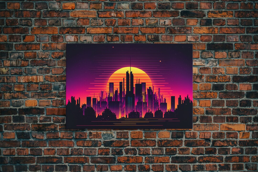 Outrun Style Futuristic Cyberpunk City Skyline at Sunset, Concept Art ...