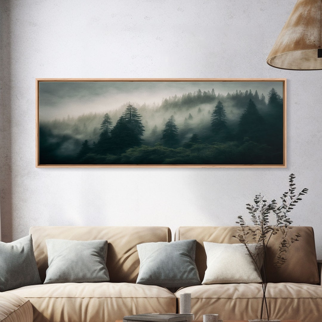 Panoramic Watercolor of a Misty Forest Fog, Wall Art, Framed Canvas ...