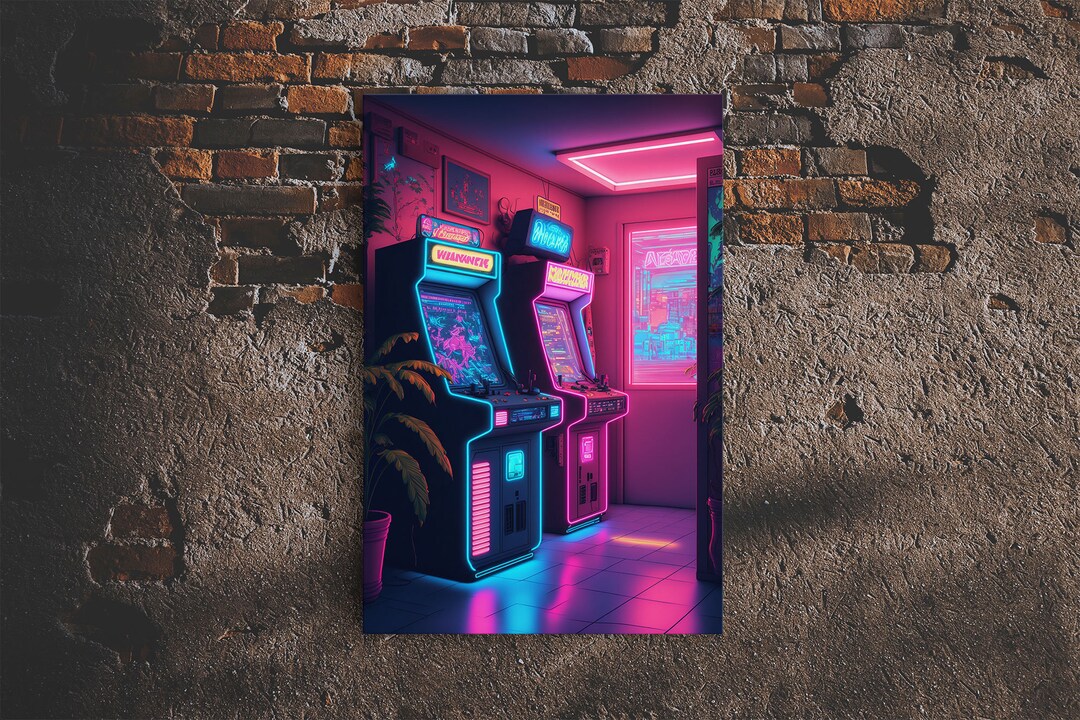 Retrowave Arcade Room, Neon Gamer Art, Framed Canvas Print, Framed Wall ...