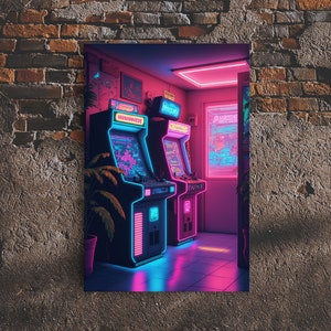 Retrowave Arcade Room, Neon Gamer Art, Framed Canvas Print, Framed Wall ...