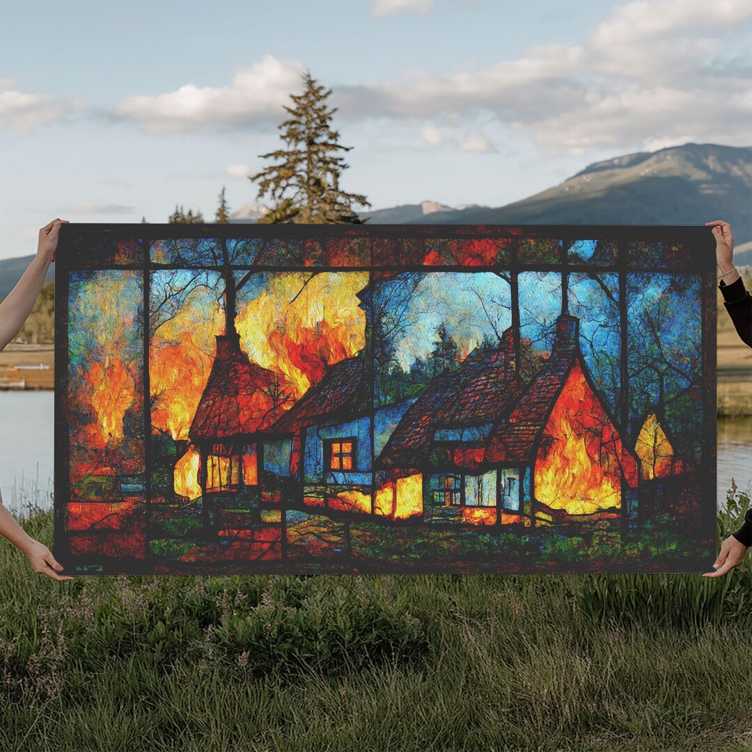 Stained Glass Cottage on Fire, Canvas Print, Negative Art, House on ...