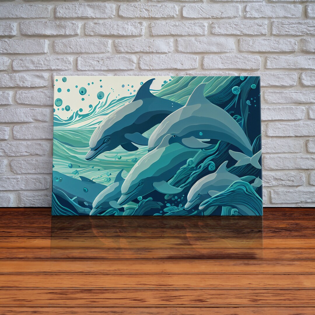 Dolphins in the Ocean, Turquoise Dolphin Art, Framed Canvas Print, Wall ...