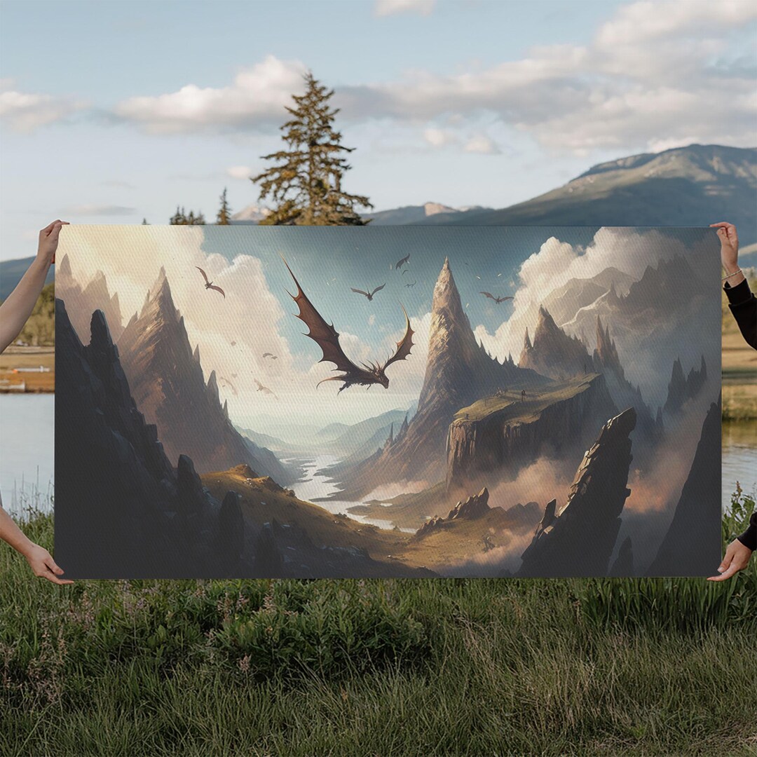 Dragons in Flight Over a Valley, Fantasy Art, Framed Canvas Print ...