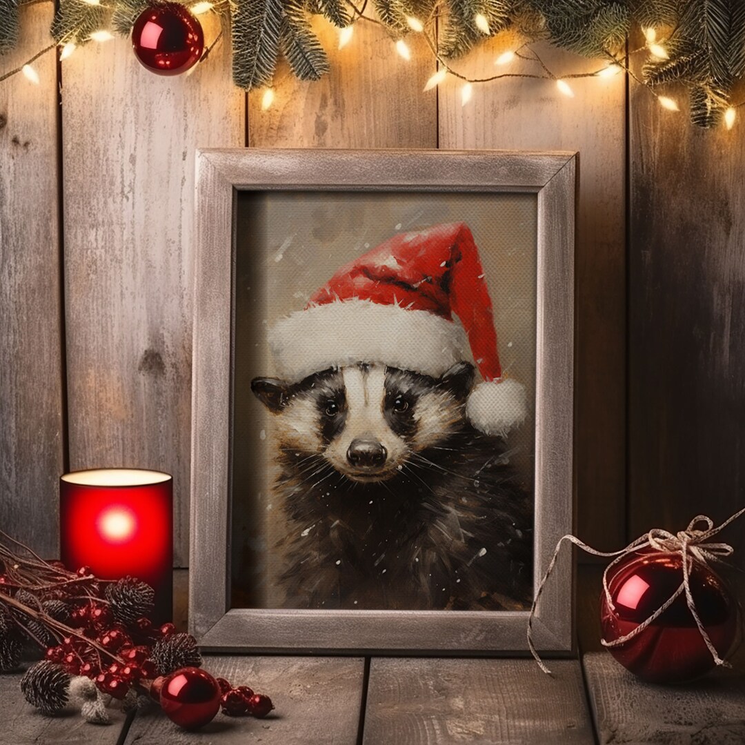 Cute Christmas Badger in A Santa Hat, Christmas Art, Christmas Decor ...